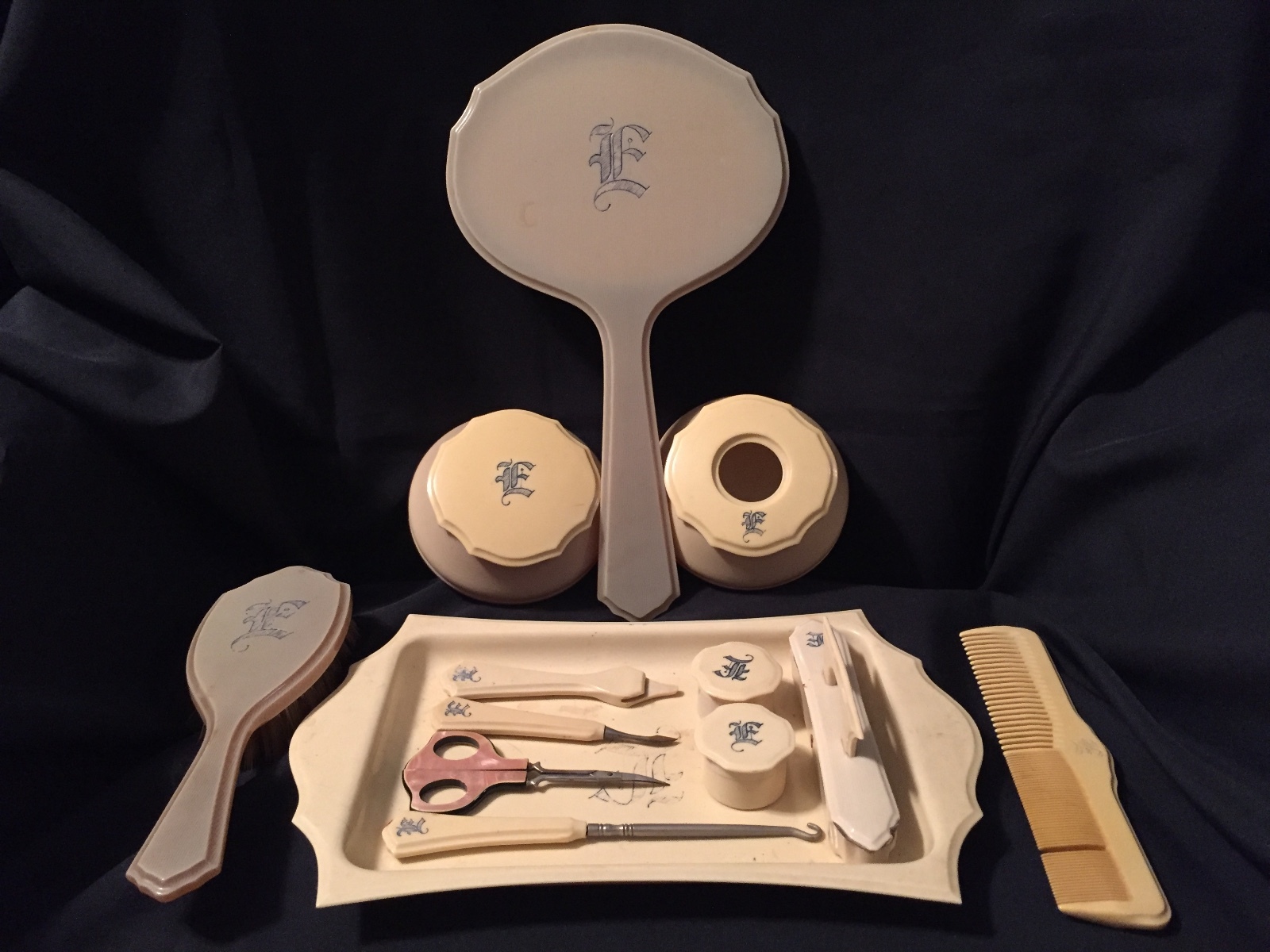 Lot of Vintage Ivory Celluloid Pyralin Du Barry Vanity Dresser Set ...