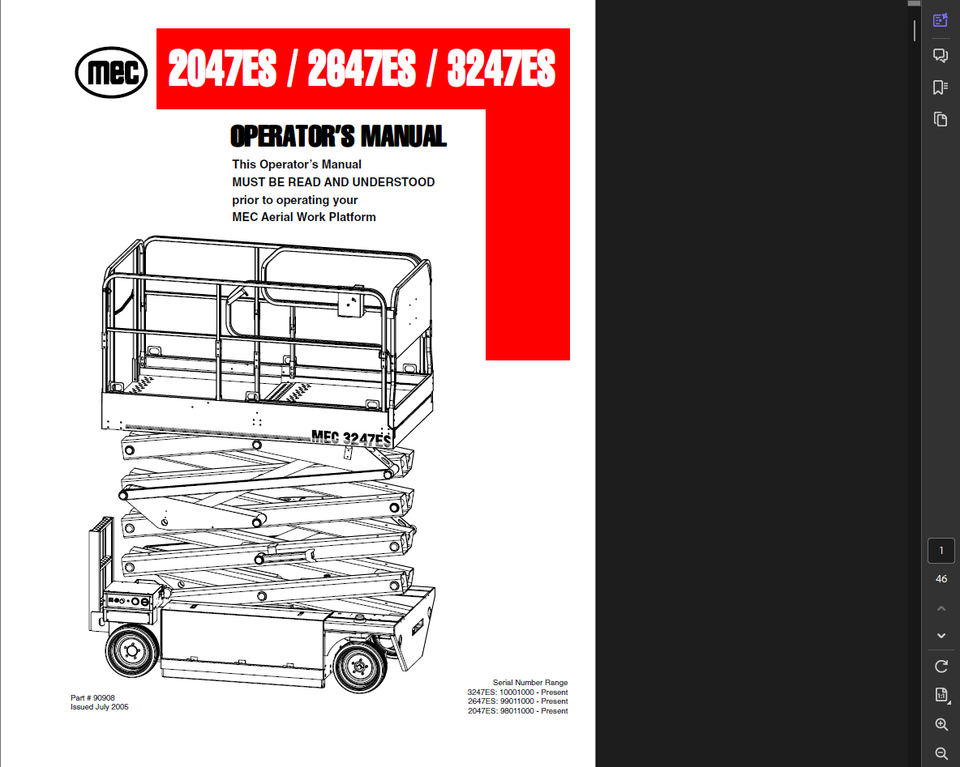 MEC 2647ES LEGACY SCISSOR MAN LIFT OWNERS SERVICE PARTS MANUAL PDF ON ...