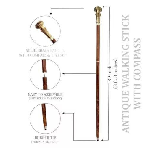 Compass Victorian Handle Wooden Walking Cane 36" Long Grandma/Grandpa/X ...