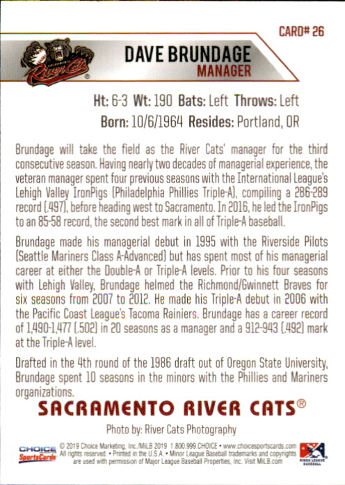 2019 Sacramento River Cats Choice #26 Dave Brundage Manager Portland ...