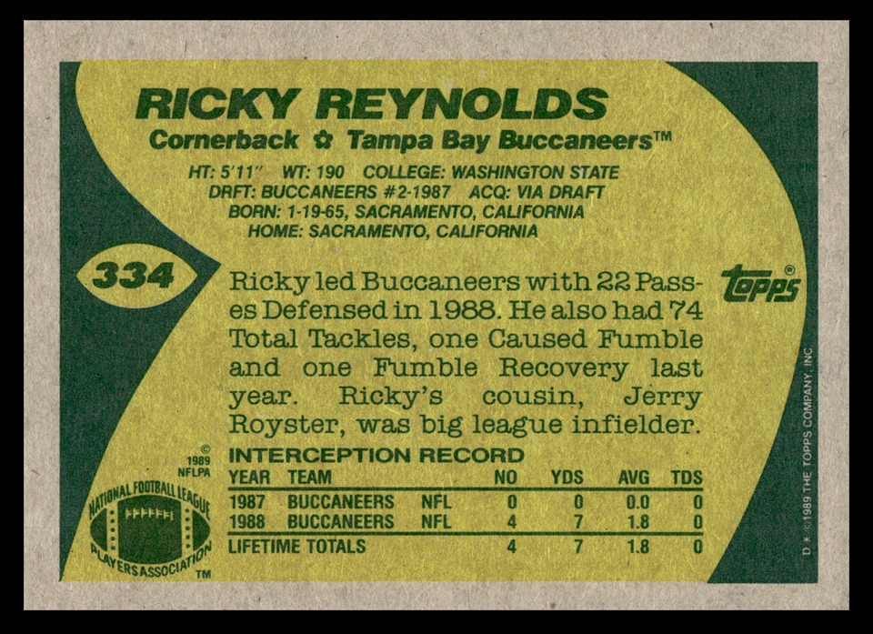 1989 Topps Ricky Reynolds #334 Tampa Bay Buccaneers Rookie NFL Football ...