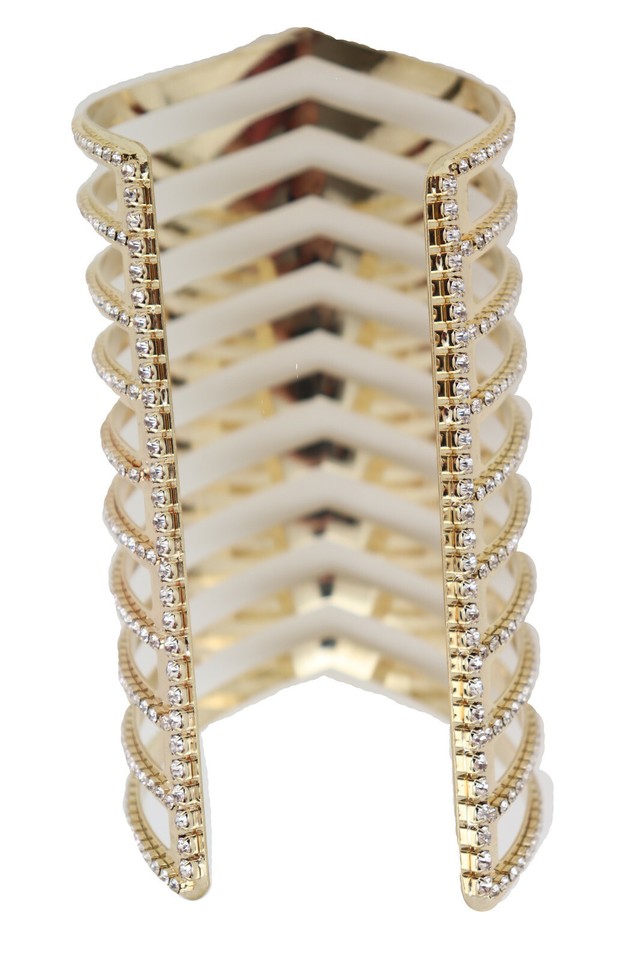 Women Gold Metal Bling Long Cuff Bracelet Fancy Chevron Wonder Popstar ...