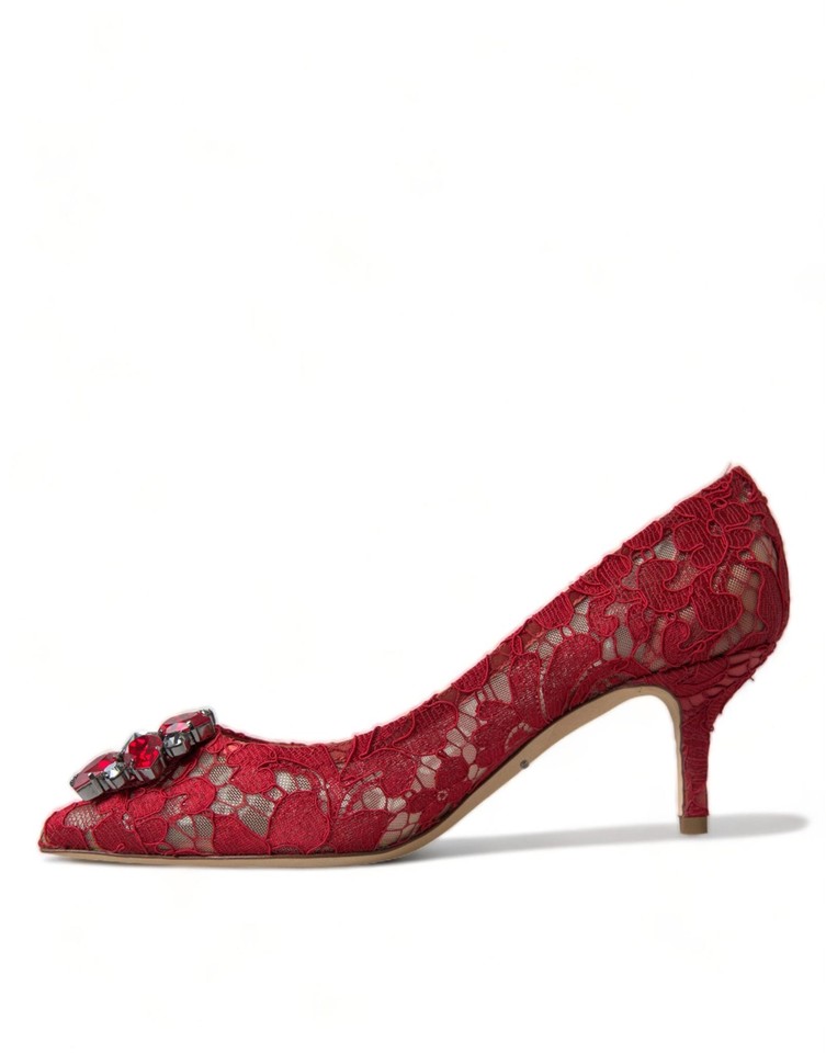Dolce&Gabbana Women Red Pumps Cotton Blend Crystals Floral Lace High ...