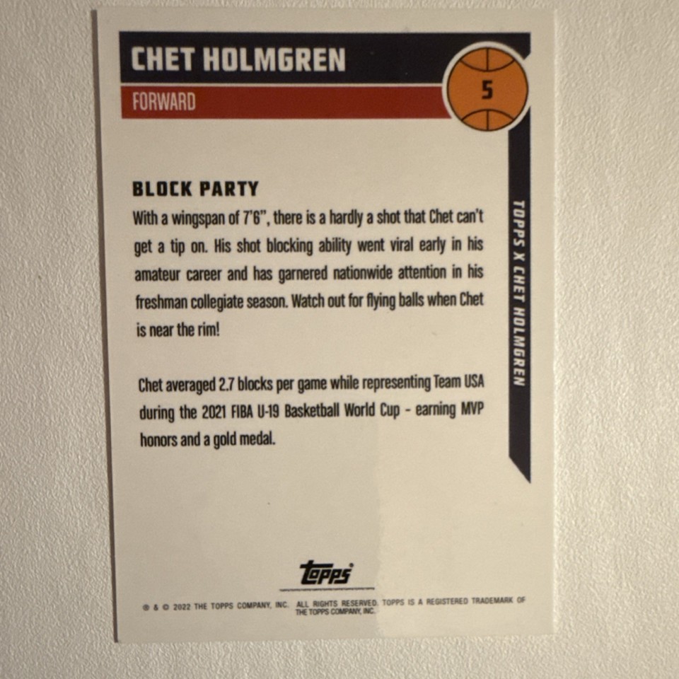 Topps 2022 X Chet Holmgren Block Party #5 Team USA Basketball | eBay