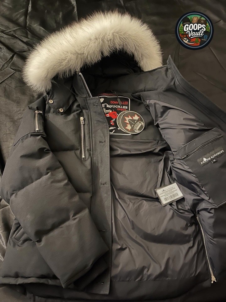 Moose Knuckles Black Down Puffer Jacket Fur Trim Hood Men's L Winter ...