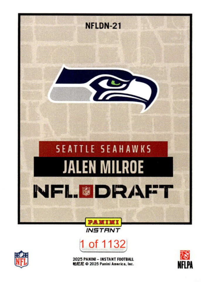 JALEN MILROE RC 2025 Panini Instant Draft Night #21 ROOKIE Seahawks NF ...
