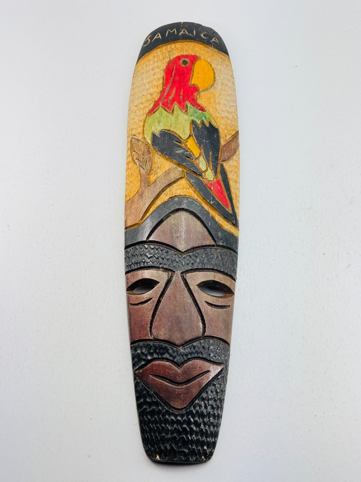 Vintage Jamaica Wood Mask w/ Parrot Handcrafted Wall Decor 19"x5 ...