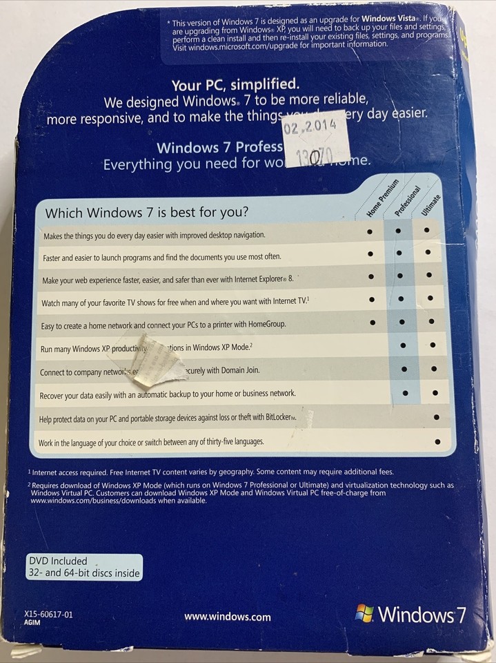 Microsoft Windows 7 Professional Upgrade 32 & 64 Bit DVDs RETAIL BOX ...