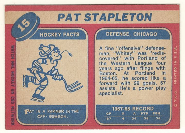1968-69 TOPPS # 15 PAT STAPLETON BLACKHAWKS CARD - NICE AND NO CREASES ...