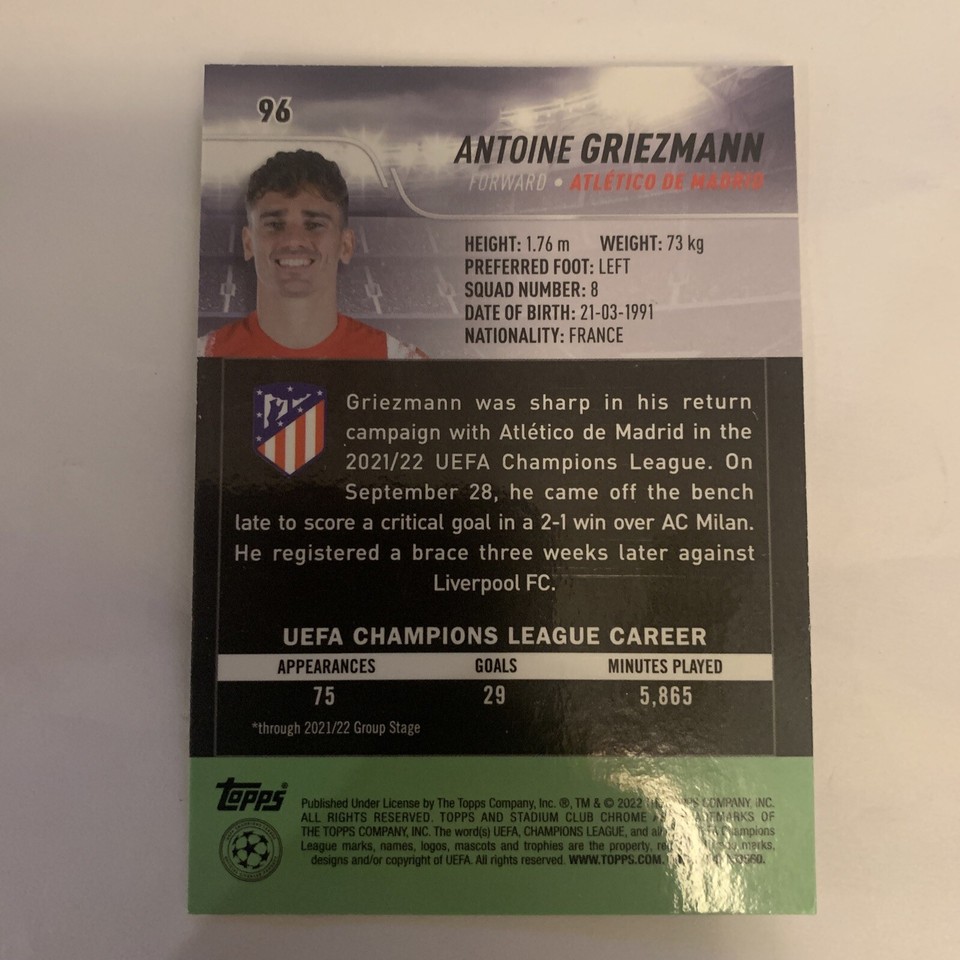 2021-22 Topps Stadium Club Chrome UEFA Blue Prism Antoine Griezmann No ...