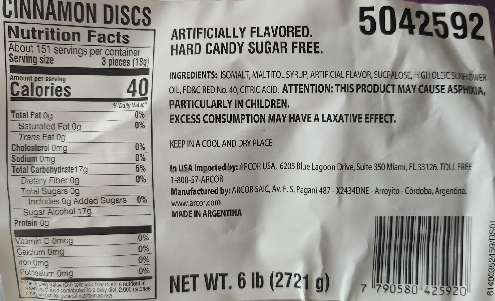 Arcor 2 lb SUGAR FREE CINNAMON Buttons Wrapped Hard Candy Discs Disks ...