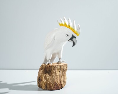 Sulphur-crested cockatoo Statue, Painted Wood Carving, Wooden Bird ...