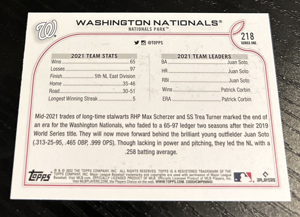 2022 Topps Washington Nationals Team Card #218 | eBay