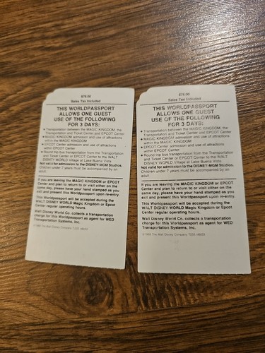 VTG 80s 3-Day Worldpassport Guest Admit One Adult Walt Disney World Set ...