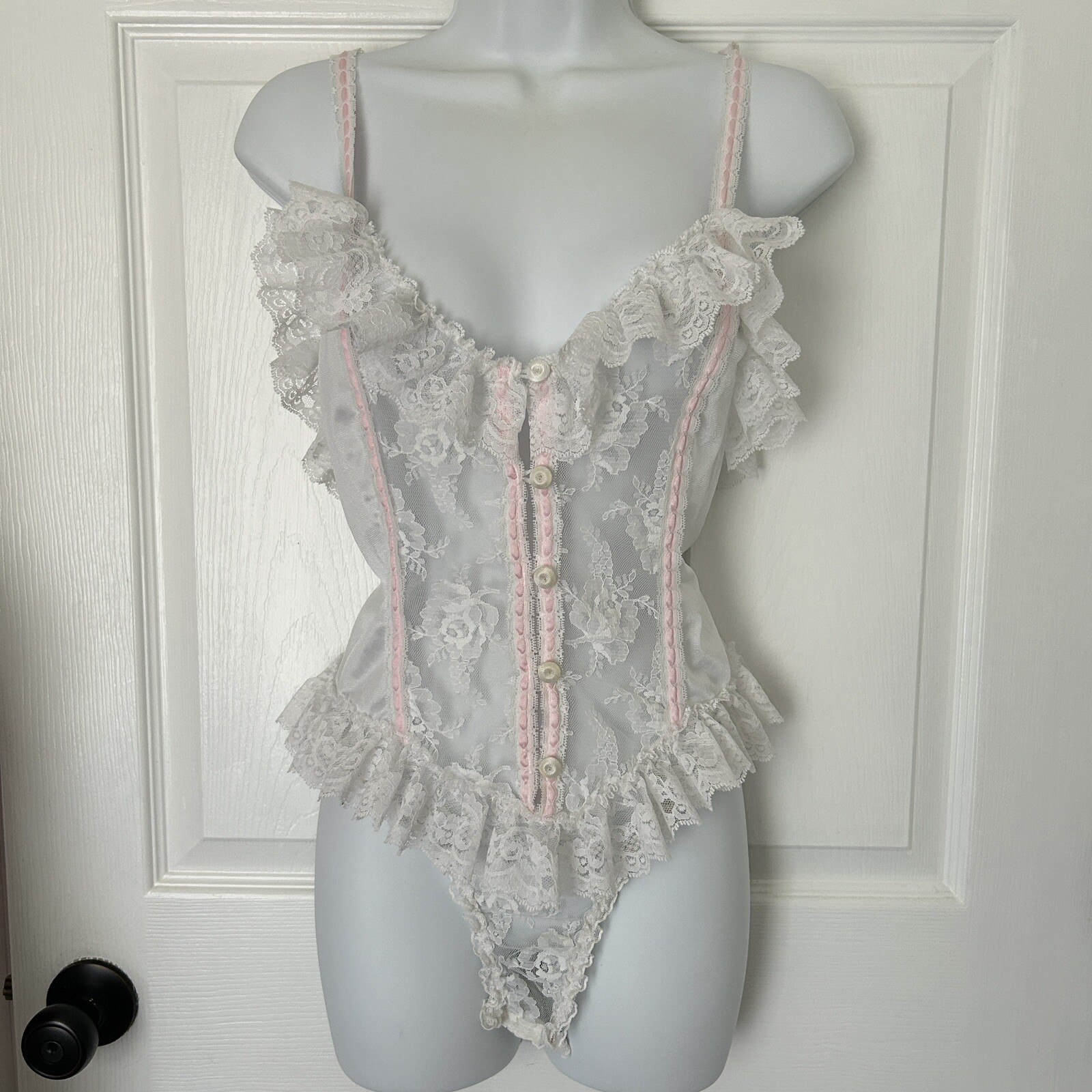 Vintage Pink White Ruffle Lace Bodysuit Lingerie Brid… - Gem