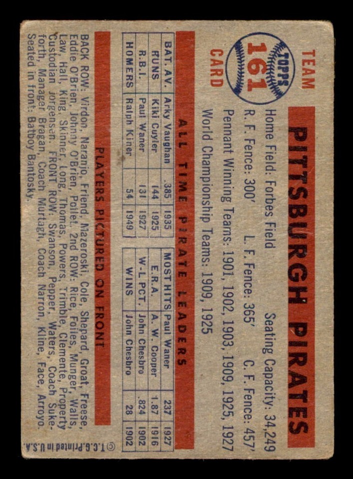 1957 Topps Baseball #161 Pittsburgh Pirates PR *g1 | eBay