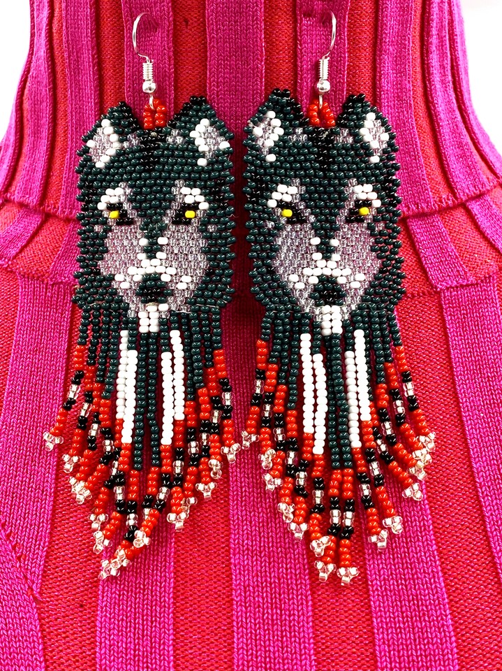 Handmade Beaded Green Wolf Seed Bead Big Earrings | eBay