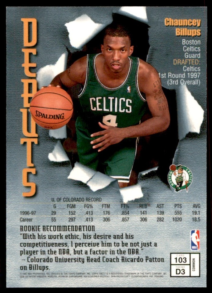 1997-98 FINEST WITH COATING CHAUNCEY BILLUPS BOSTON CELTICS #103 | eBay