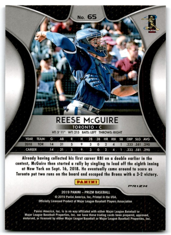 2019 Panini Prizm PRIZMS BLUE Reese McGuire RC Toronto Blue Jays #65 | eBay
