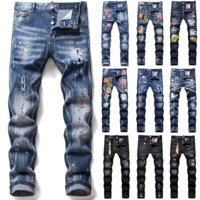 Men Jeans Casual Slim Fits Skinny Denim Pants Ripped Patchwork ...