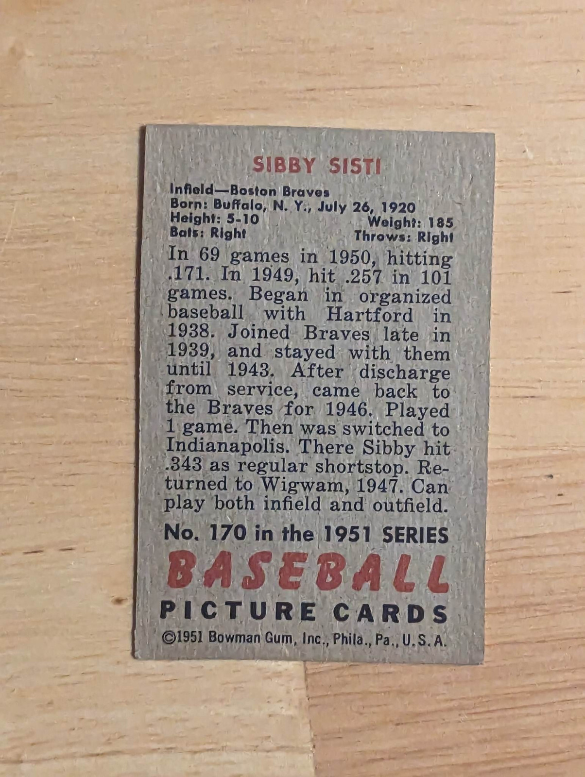 SIBBY SISTI SIGNED AUTOGRAPHED 1951 BOWMAN CARD # 170 BOSTON BRAVES | eBay