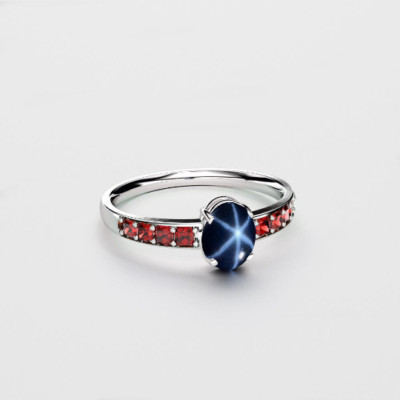 Genuine Blue Star Sapphire Ring Sterling Silver 925 / Natural Garnet ...