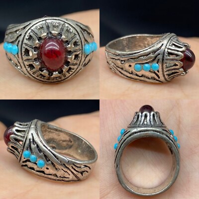 Genuine ancient Roman ring with rare red Roman glass and torquise stone ...