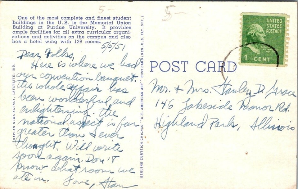 Postcard Memorial Union Bldg Purdue University Lafayette Indiana 1951 ...