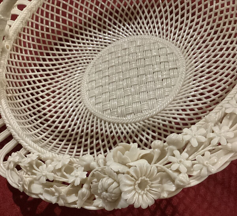 Belleek Vintage Irish Porcelain 4 Strand Round Woven Basket With Handle ...