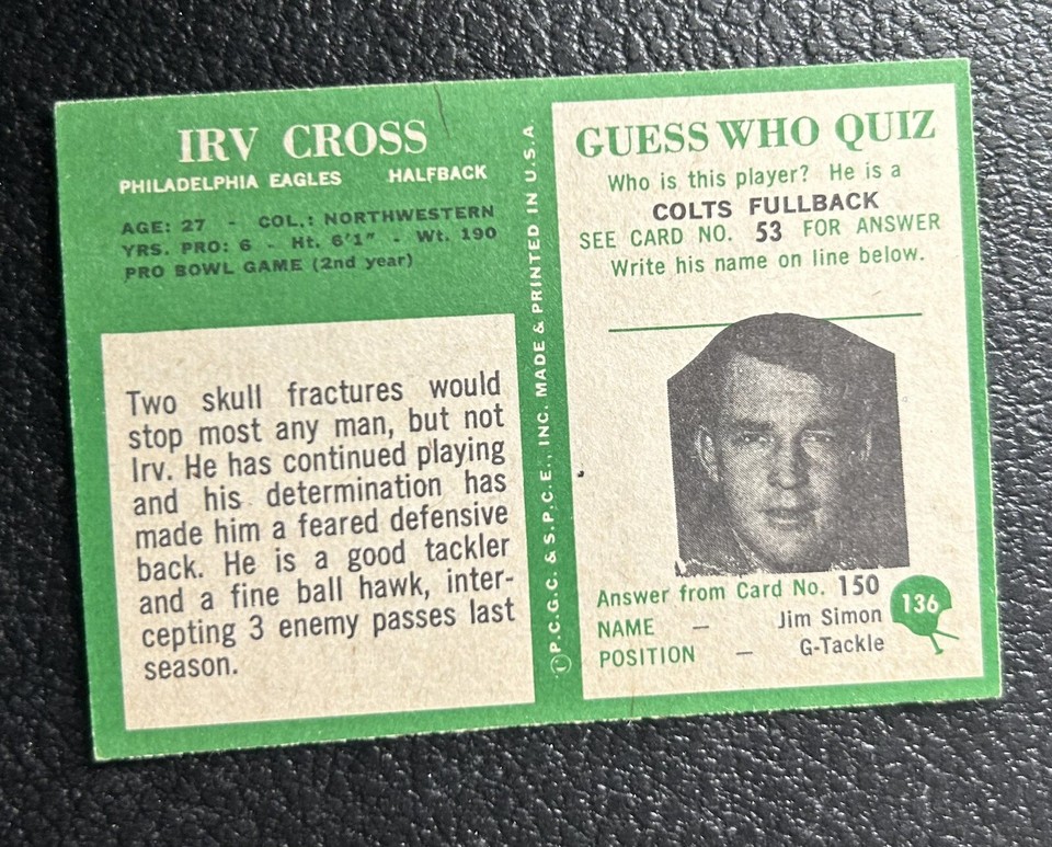 Irv Cross Signed Autographed 1966 PHILADELPHIA GUM Card # 136 Eagles | eBay
