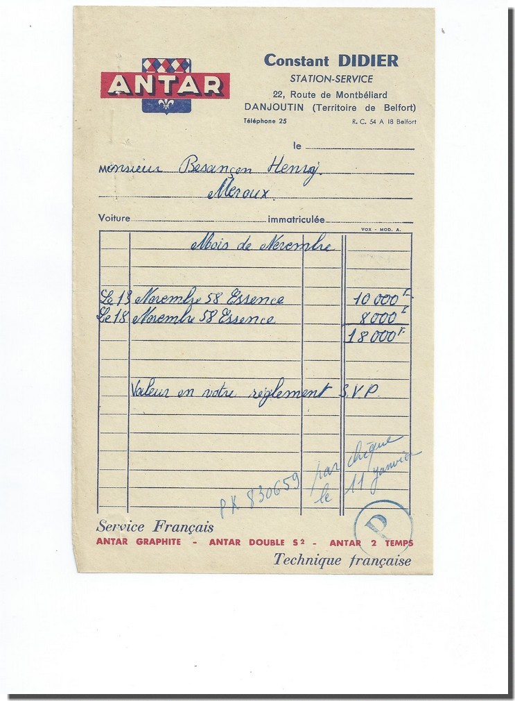 Invoice - Constant Didier Station Service Antar - Danjoutin | eBay