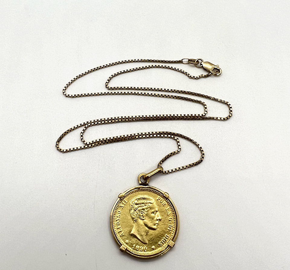 18K Solid Gold 21" Box Chain w/ 1890 Spanish 25 Pesetas 90% Gold Coin ...
