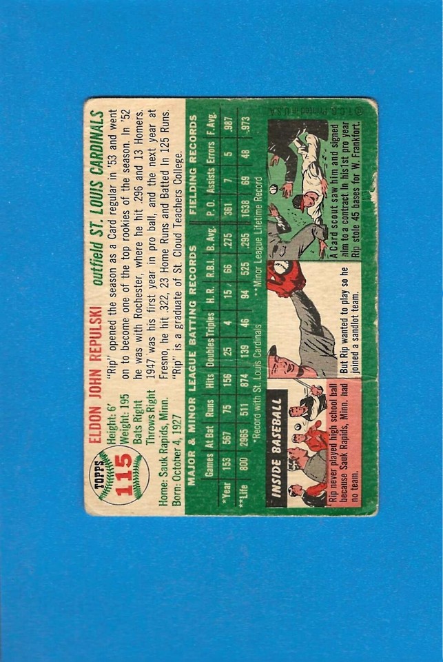 Eldon Rip Repulski 1954 Topps Baseball #115 St. Louis Cardinals G to VG ...