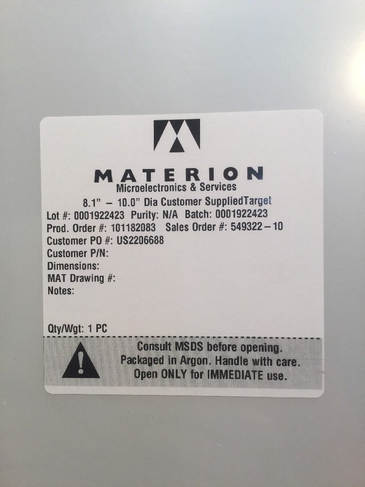 MATERION Microelectronics 8.1” - 10.0" Sputter PLATE,TARGET w/ Box | eBay