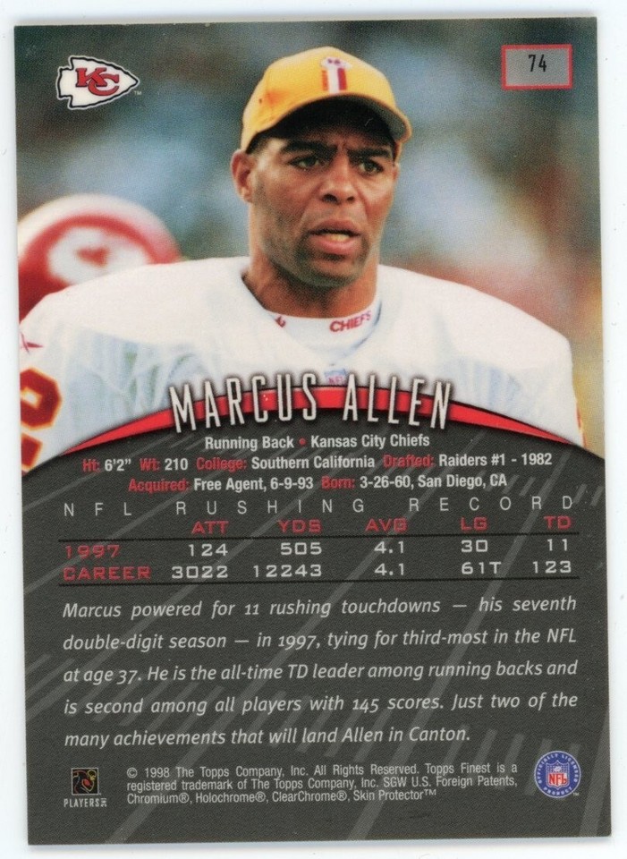 1998 Topps Finest #74 Marcus Allen Kansas City Chiefs Football Card HOF ...