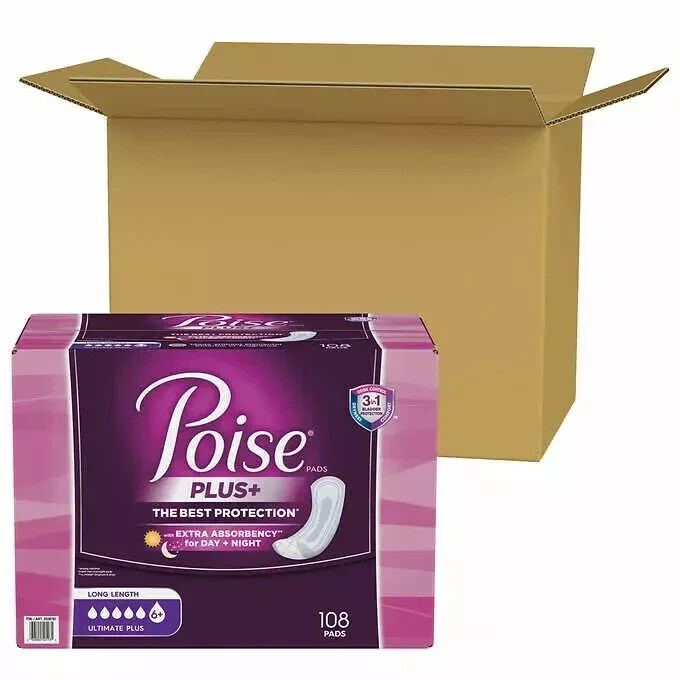 POISE PLUS Ultimate Absorbency Pads 108 Long Length Pads For Day or ...