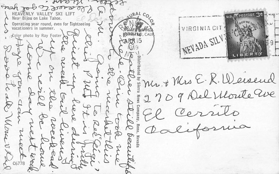 HEAVENLY VALLEY SKI LIFT Bijou, CA LAKE TAHOE Skiing 1959 Vintage ...