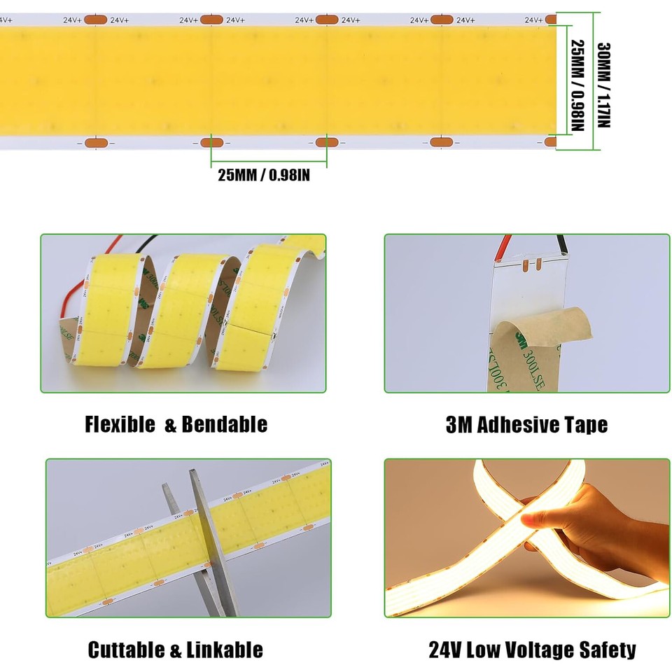 30mm Wide COB LED Strip 24V 1600LEDs/M High Density Flexible Tape Light ...