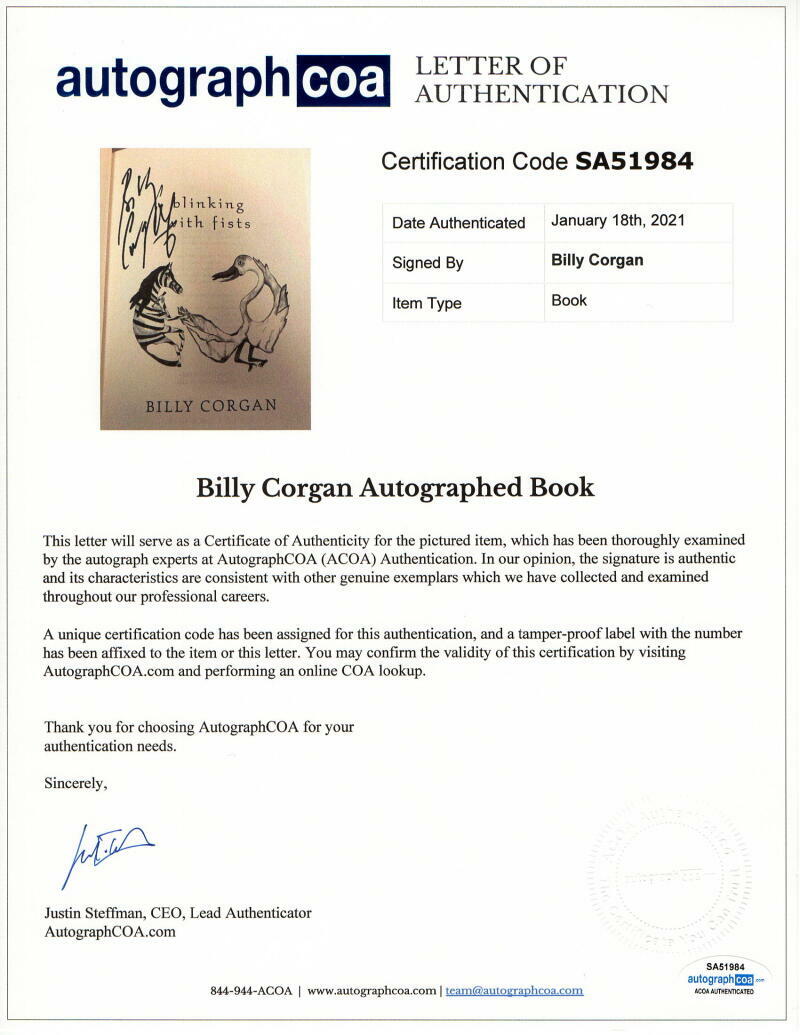 BILLY CORGAN SIGNED AUTOGRAPH "BLINKING WITH FISTS" BOOK SMASHING ...