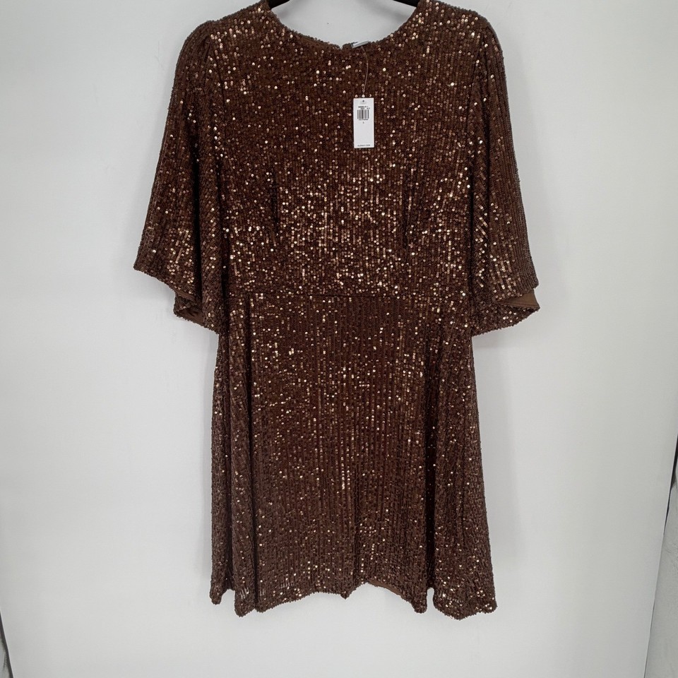 Old Navy Women's Sequin Flutter Sleeve Dress Sparkle Brown Party Size L ...