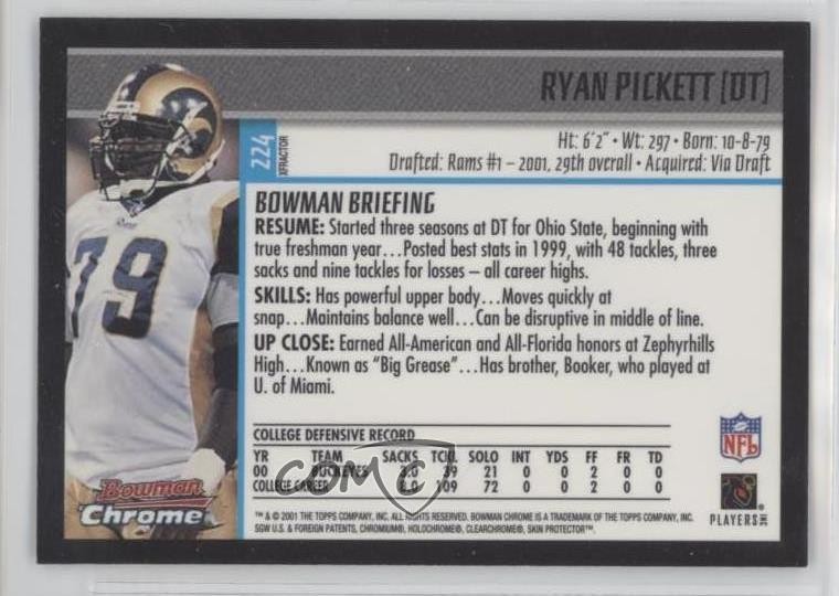 2001 Bowman Chrome Rookie Refractor X-Fractor Ryan Pickett #224 7iu | eBay