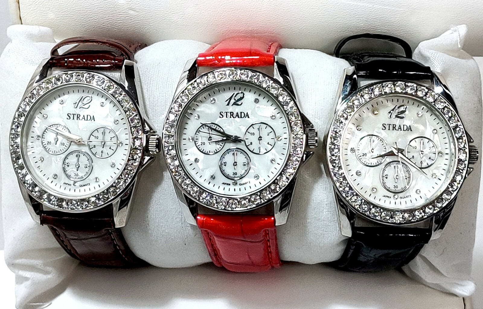 NEW Strada 1921844 Womens 3-Watch Set Black Red Brown Wristbands MOP ...