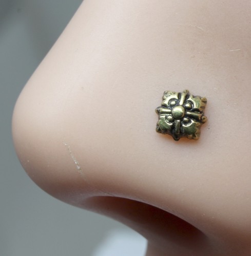 Small Square Indian Antique gold finish nose ring Twisted piercing 22g ...
