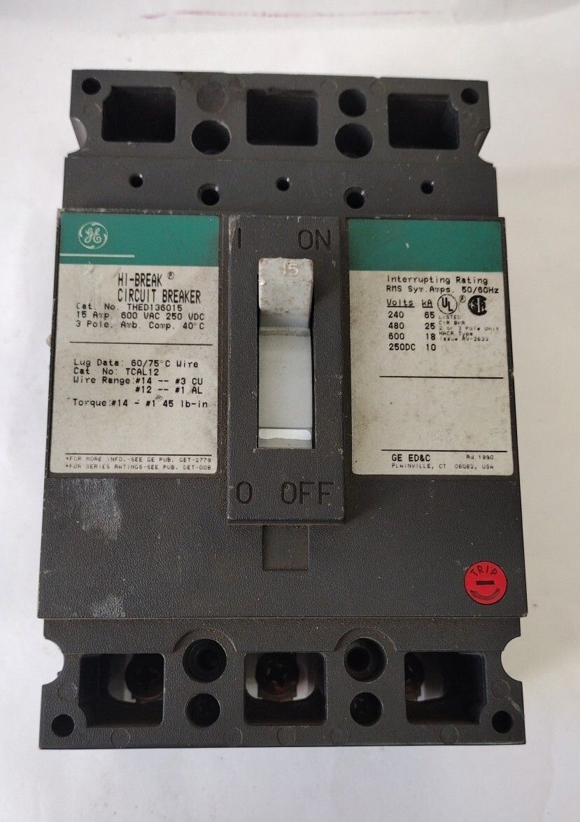 THED136015 GE 15 amp 600 volt 3 Pole THED Hi-Break Circuit Breaker ...