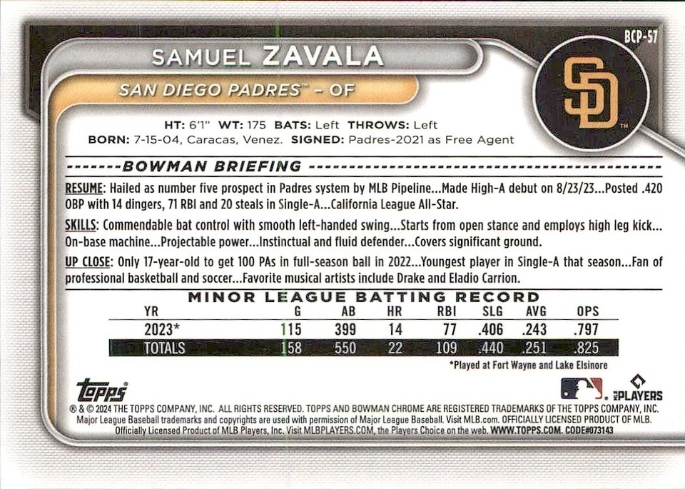 2024 BOWMAN PROSPECT CHROME SAN DIEGO PADRES - SAMUEL ZAVALA #BCP-57 | eBay