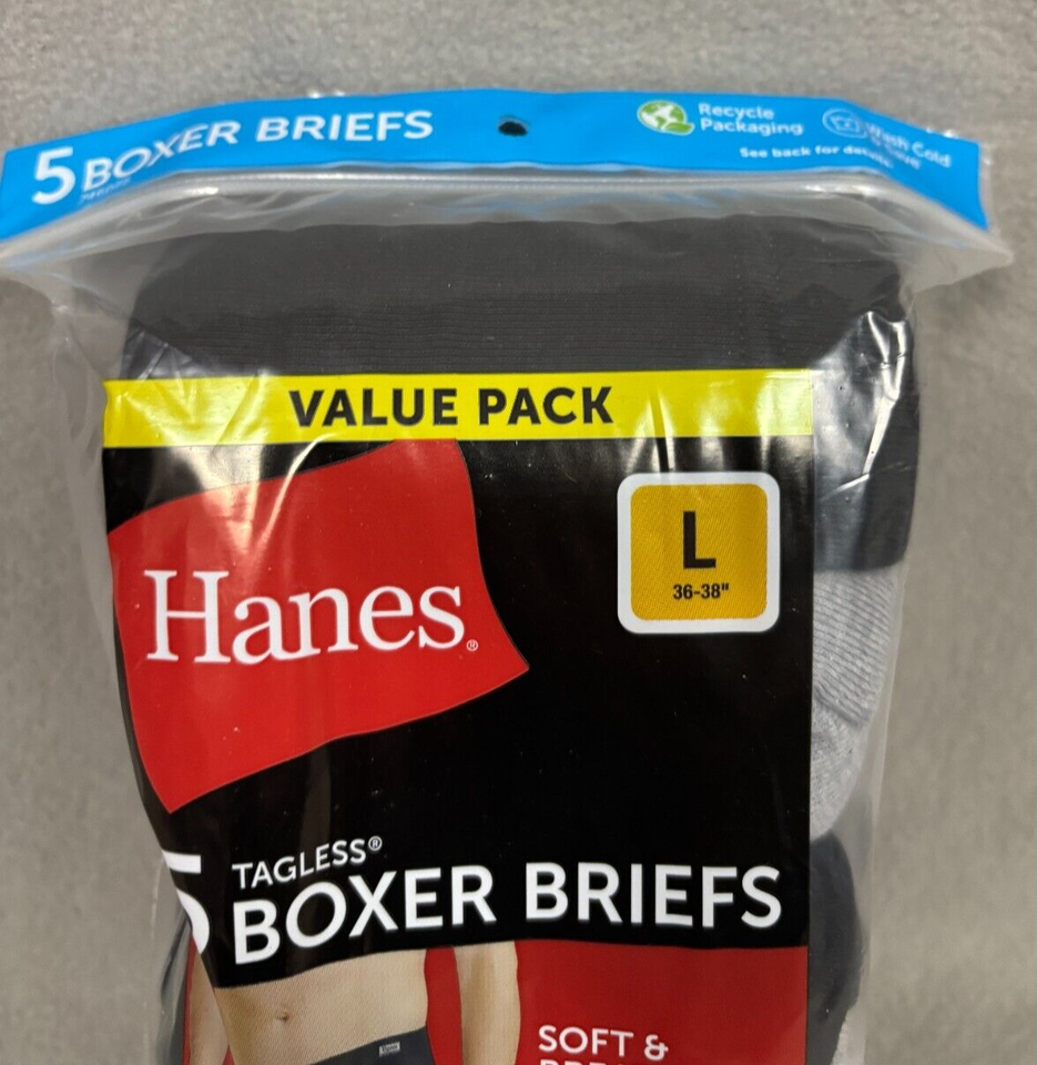 Hanes Men 5-Pack Assorted Tagless Boxer Briefs Black/Gray Large New ...