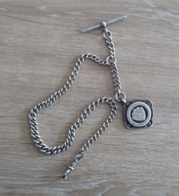 SUPERB ANTIQUE SOLID STERLING SILVER SINGLE ALBERT POCKET WATCH CHAIN ...