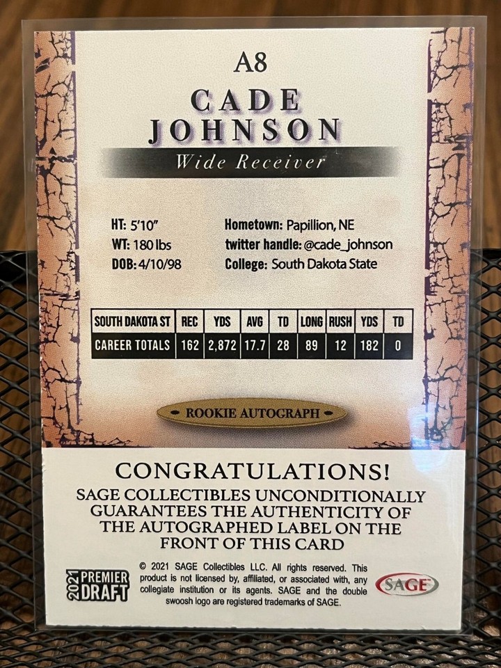 CADE JOHNSON 2021 SAGE PREMIER #A8 ROOKIE SOUTH DAKOTA STATE AUTOGRAPH ...