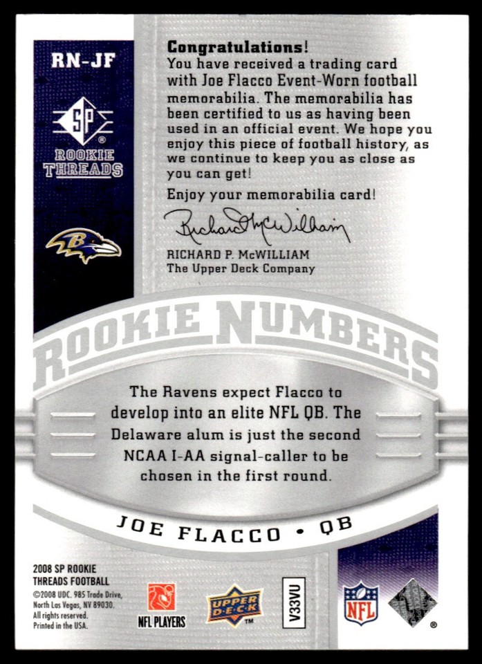 Joe Flacco 2008 SP Rookie Threads Rookie Numbers Relic 119/135 ...