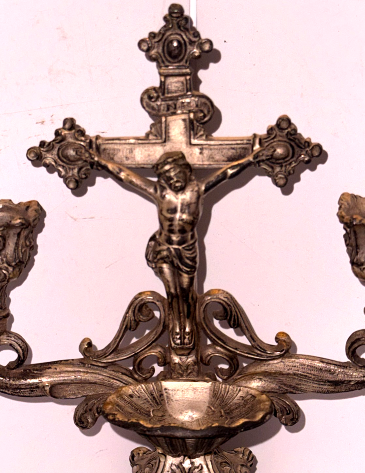 ANTIQUE 1800's HEAVY SILVER METAL CATHOLIC CRUCIFIX CANDELABRA HOLY ...